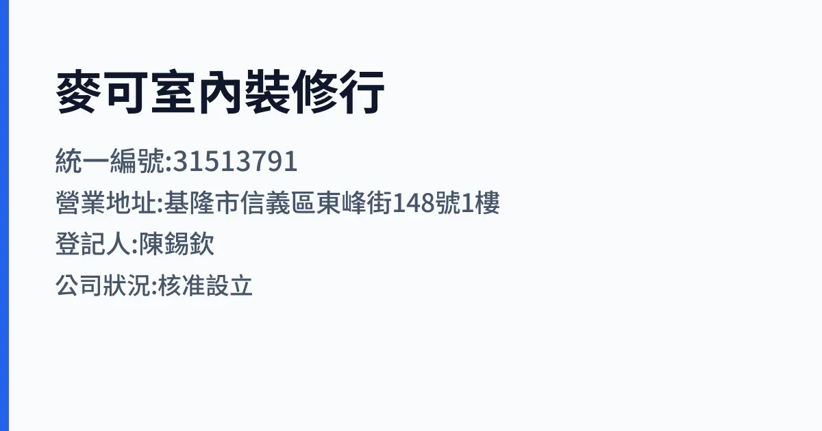 麥可室內裝修行 - 統編 31513791(基隆市) 公司登記資料與營業項目詳細圖表