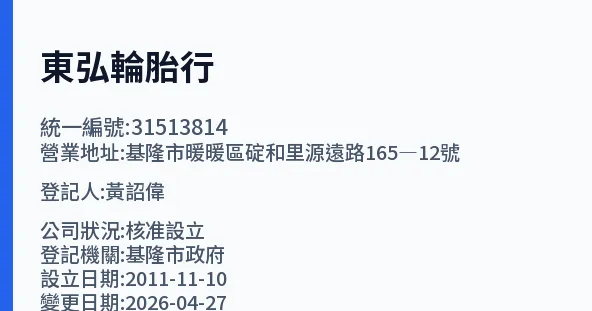 東弘輪胎行的照片-統編 31513814(基隆市) 公司登記資料與營業項目詳細圖表
