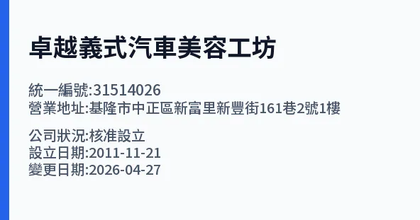 卓越義式汽車美容工坊的照片-統編 31514026(基隆市) 公司登記資料與營業項目詳細圖表