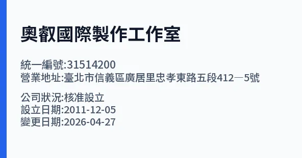 奧叡國際製作工作室的照片-統編 31514200(臺北市) 公司登記資料與營業項目詳細圖表