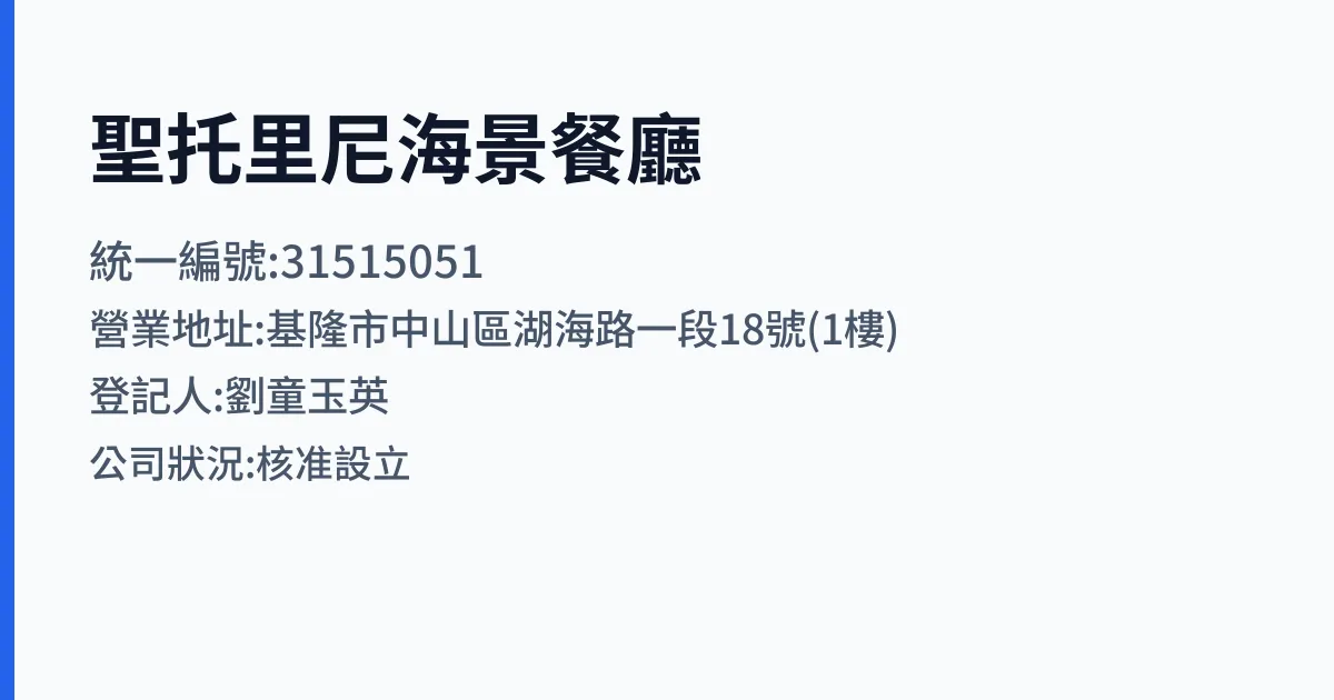 聖托里尼海景餐廳 - 統編 31515051(基隆市) 公司登記資料與營業項目詳細圖表