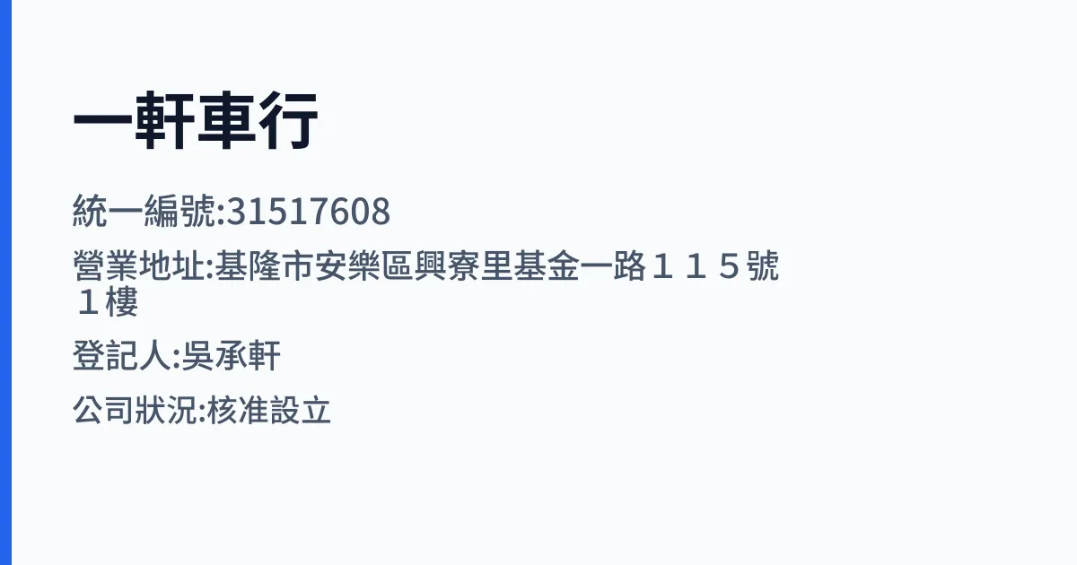 一軒車行 - 統編 31517608(基隆市) 公司登記資料與營業項目詳細圖表