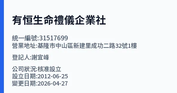 有恒生命禮儀企業社的照片-統編 31517699(基隆市) 公司登記資料與營業項目詳細圖表
