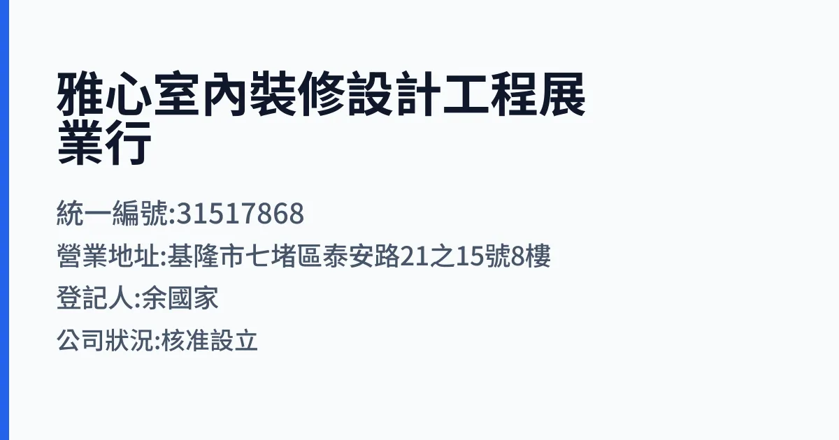雅心室內裝修設計工程展業行 - 統編 31517868(基隆市) 公司登記資料與營業項目詳細圖表