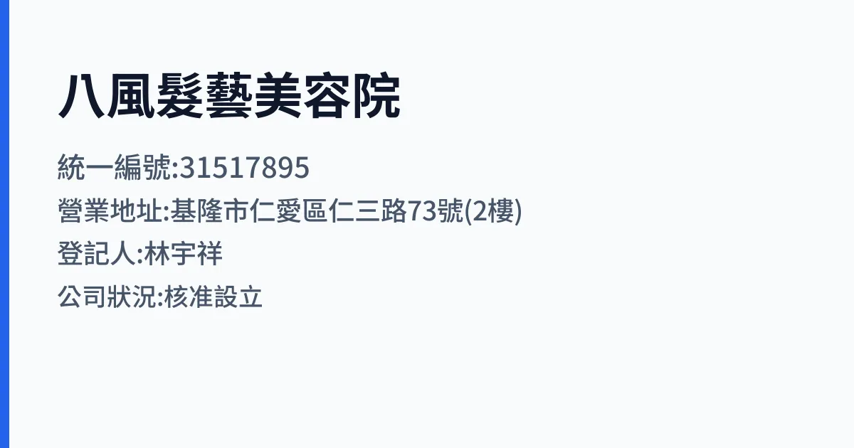 八風髮藝美容院 - 統編 31517895(基隆市) 公司登記資料與營業項目詳細圖表