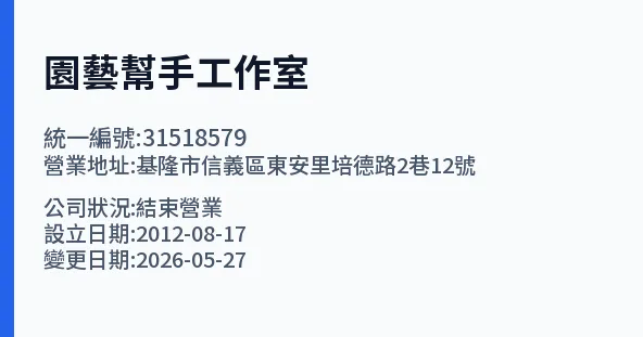 園藝幫手工作室的照片-統編 31518579(基隆市) 公司登記資料與營業項目詳細圖表