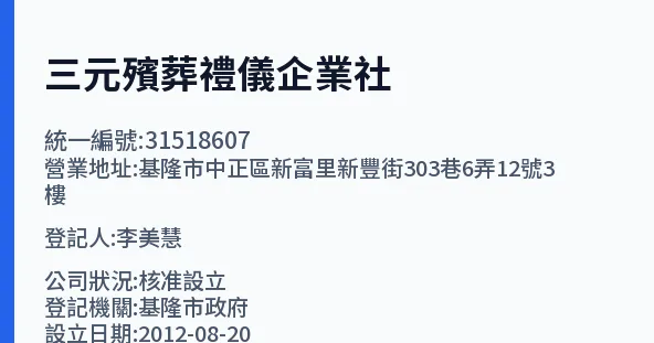 三元殯葬禮儀企業社的照片-統編 31518607(基隆市) 公司登記資料與營業項目詳細圖表