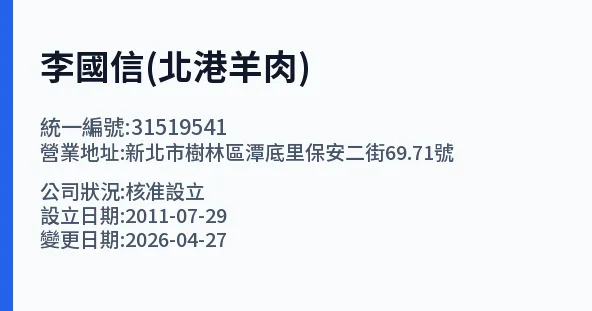 李國信(北港羊肉)的照片-統編 31519541(新北市) 公司登記資料與營業項目詳細圖表