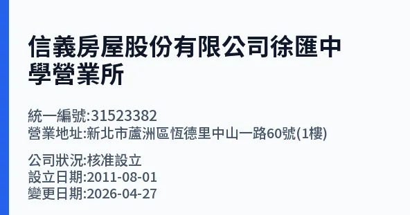 信義房屋股份有限公司徐匯中學營業所的照片-統編 31523382(新北市) 公司登記資料與營業項目詳細圖表