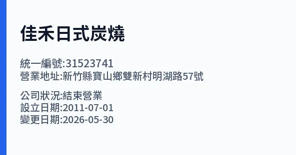 佳禾日式炭燒的照片-統編 31523741(新竹縣) 公司登記資料與營業項目詳細圖表