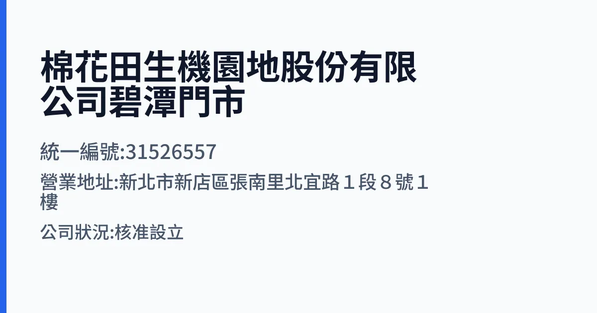 棉花田生機園地股份有限公司碧潭門市 - 統編 31526557(新北市) 公司登記資料與營業項目詳細圖表