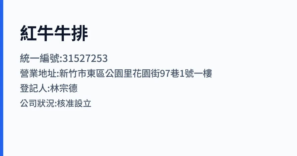 紅牛牛排 - 統編 31527253（新竹市） 公司登記資料與營業項目詳細圖表
