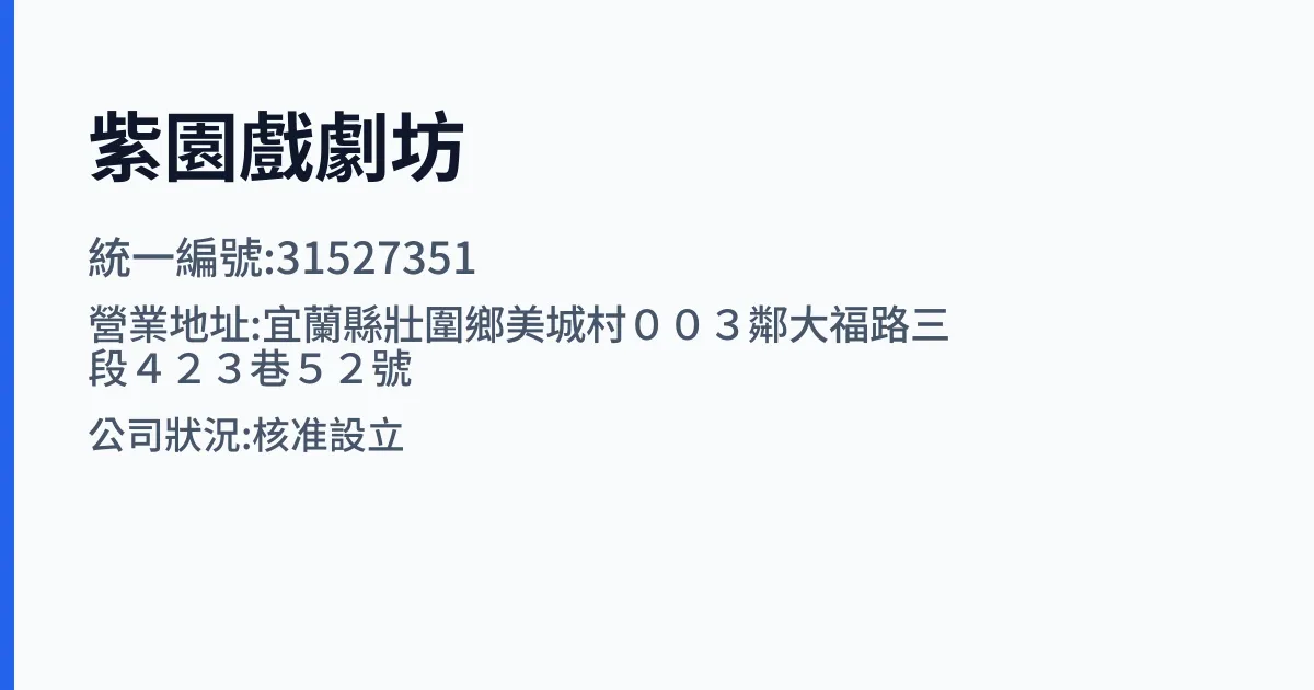 紫園戲劇坊 - 統編 31527351(宜蘭縣) 公司登記資料與營業項目詳細圖表