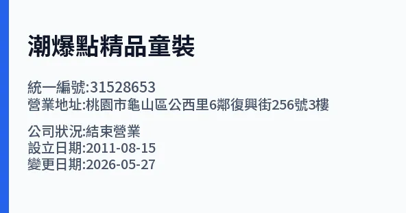 潮爆點精品童裝的照片-統編 31528653(桃園市) 公司登記資料與營業項目詳細圖表