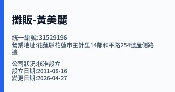 攤販-黃美麗的照片-統編 31529196(花蓮縣) 公司登記資料與營業項目詳細圖表