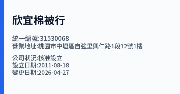 欣宜棉被行的照片-統編 31530068(桃園市) 公司登記資料與營業項目詳細圖表
