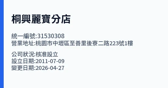 桐興麗寶分店的照片-統編 31530308(桃園市) 公司登記資料與營業項目詳細圖表