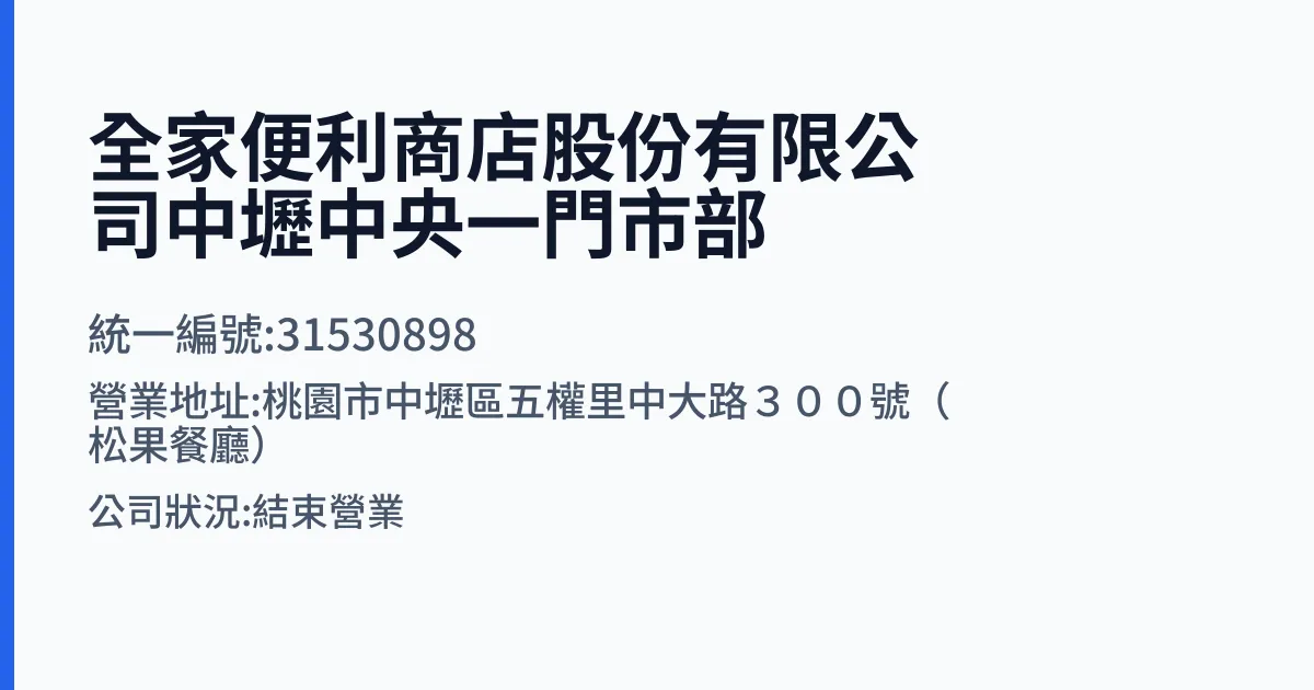 全家便利商店股份有限公司中壢中央一門市部 - 統編 31530898(桃園市) 公司登記資料與營業項目詳細圖表