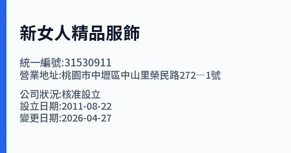 新女人精品服飾的照片-統編 31530911(桃園市) 公司登記資料與營業項目詳細圖表