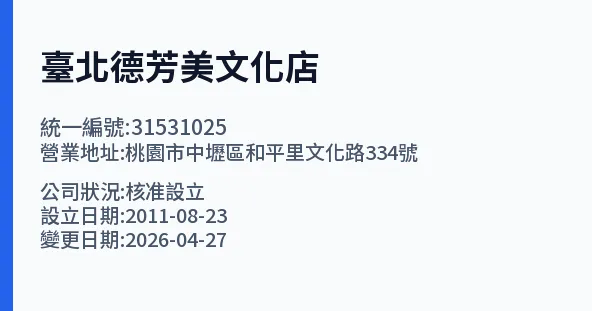 臺北德芳美文化店的照片-統編 31531025(桃園市) 公司登記資料與營業項目詳細圖表