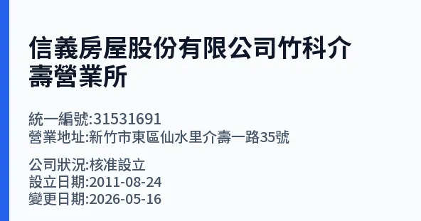 信義房屋股份有限公司竹科介壽營業所的照片-統編 31531691(新竹市) 公司登記資料與營業項目詳細圖表