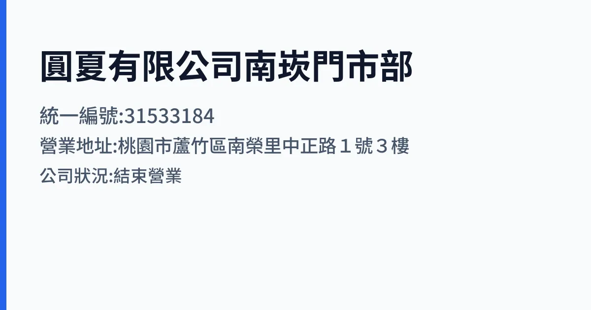 圓夏有限公司南崁門市部 - 統編 31533184(桃園市) 公司登記資料與營業項目詳細圖表