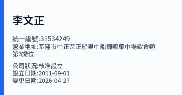 李文正的照片-統編 31534249(基隆市) 公司登記資料與營業項目詳細圖表