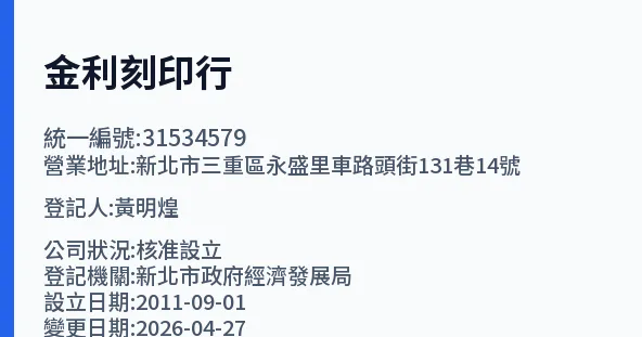 金利刻印行的照片-統編 31534579(新北市) 公司登記資料與營業項目詳細圖表