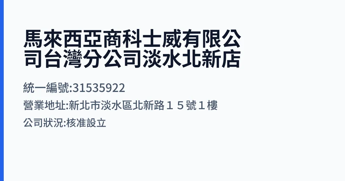 馬來西亞商科士威有限公司台灣分公司淡水北新店 - 統編 31535922(新北市) 公司登記資料與營業項目詳細圖表