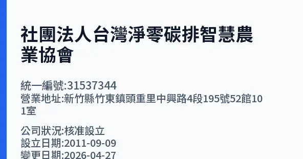 社團法人台灣淨零碳排智慧農業協會的照片-統編 31537344(新竹縣) 公司登記資料與營業項目詳細圖表