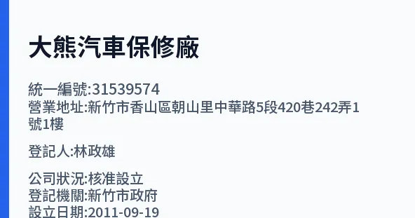 大熊汽車保修廠的照片-統編 31539574(新竹市) 公司登記資料與營業項目詳細圖表
