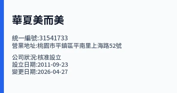 華夏美而美的照片-統編 31541733(桃園市) 公司登記資料與營業項目詳細圖表