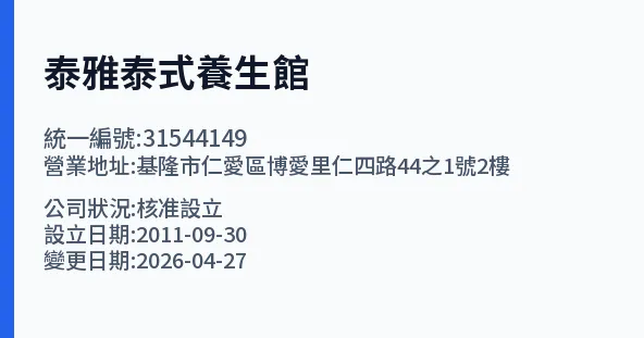 泰雅泰式養生館的照片-統編 31544149(基隆市) 公司登記資料與營業項目詳細圖表