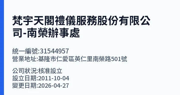 梵宇天閣禮儀服務股份有限公司-南榮辦事處的照片-統編 31544957(基隆市) 公司登記資料與營業項目詳細圖表