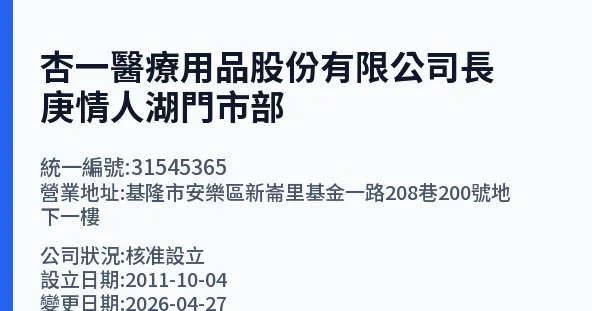 杏一醫療用品股份有限公司長庚情人湖門市部的照片-統編 31545365(基隆市) 公司登記資料與營業項目詳細圖表