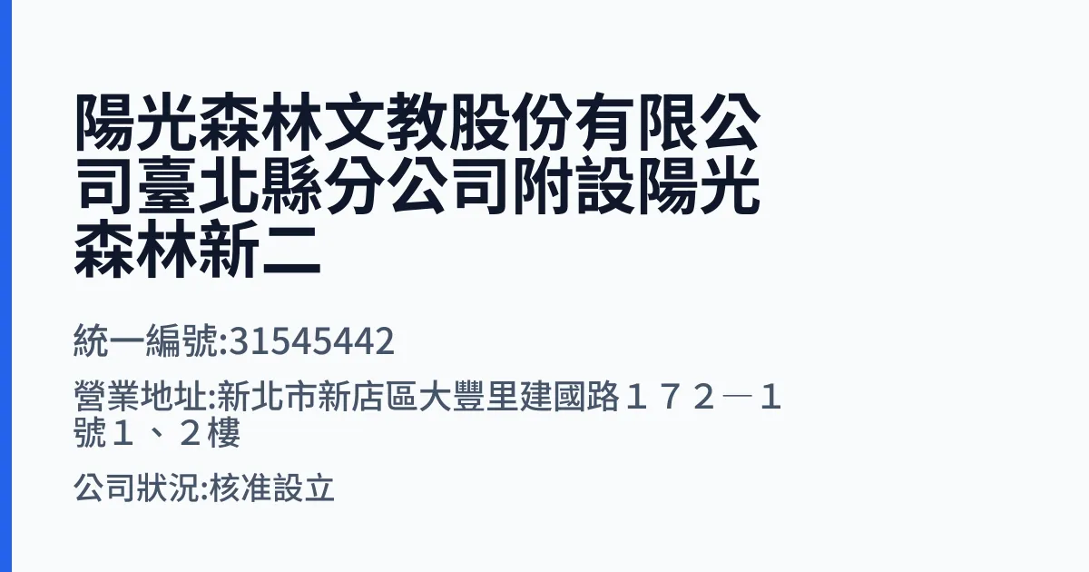 陽光森林文教股份有限公司臺北縣分公司附設陽光森林新二 - 統編 31545442(新北市) 公司登記資料與營業項目詳細圖表