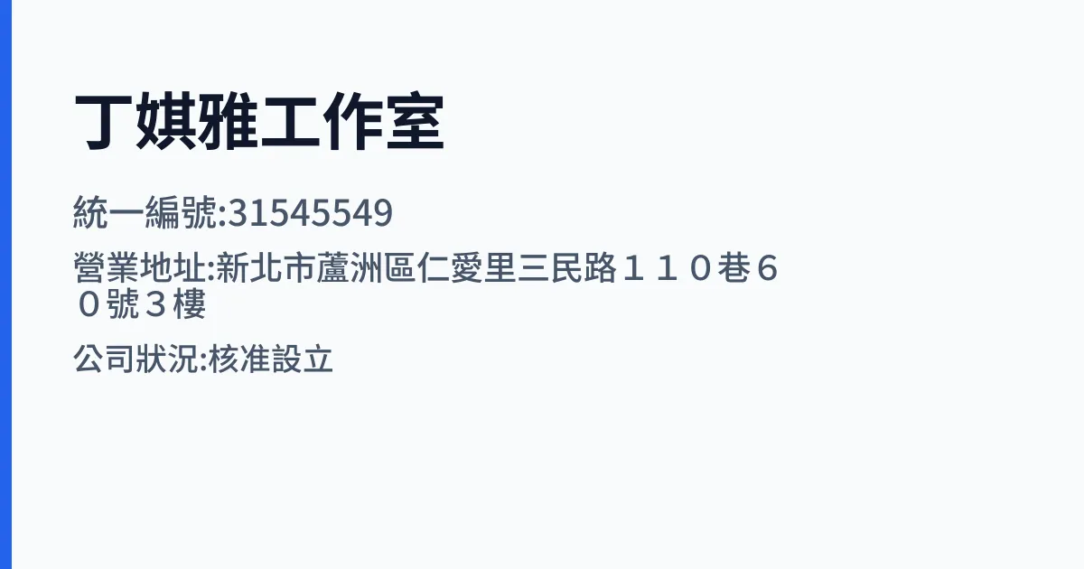 丁娸雅工作室 - 統編 31545549(新北市) 公司登記資料與營業項目詳細圖表