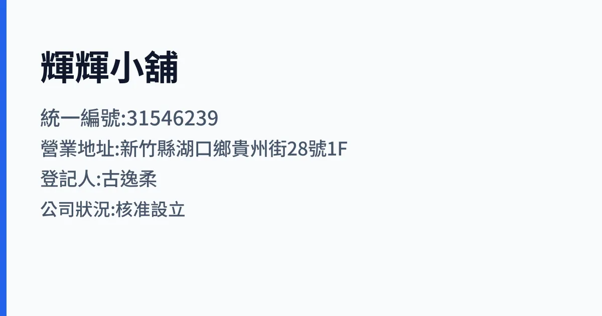 輝輝小舖 - 統編 31546239（新竹縣） 公司登記資料與營業項目詳細圖表