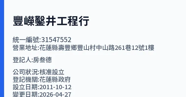 豐嶸鑿井工程行的照片-統編 31547552(花蓮縣) 公司登記資料與營業項目詳細圖表