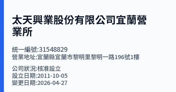 太天興業股份有限公司宜蘭營業所的照片-統編 31548829(宜蘭縣) 公司登記資料與營業項目詳細圖表