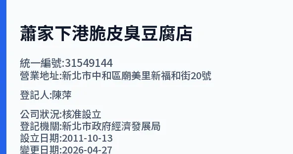 蕭家下港脆皮臭豆腐店的照片-統編 31549144(新北市) 公司登記資料與營業項目詳細圖表