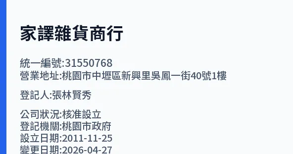 家譯雜貨商行的照片-統編 31550768(桃園市) 公司登記資料與營業項目詳細圖表