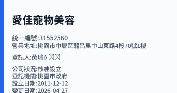 愛佳寵物美容的照片-統編 31552560(桃園市) 公司登記資料與營業項目詳細圖表