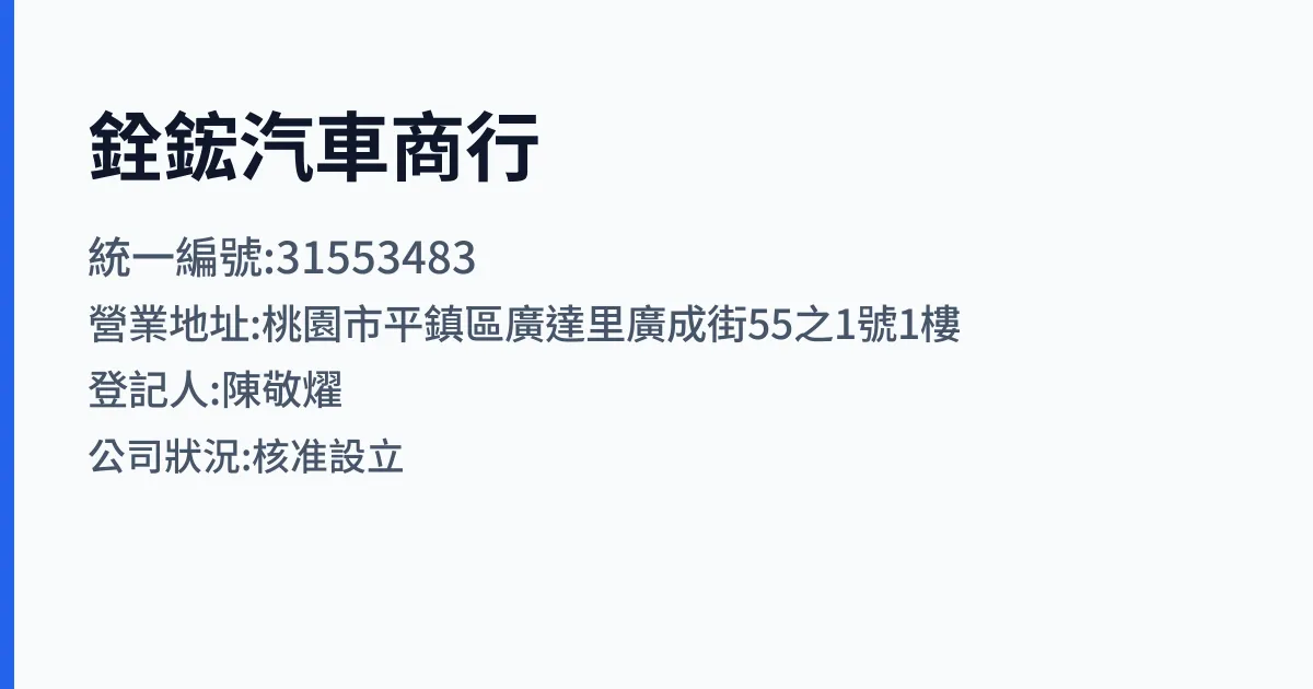 銓鋐汽車商行 - 統編 31553483(桃園市) 公司登記資料與營業項目詳細圖表