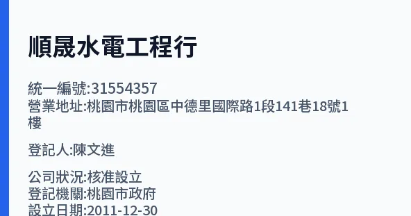 順晟水電工程行的照片-統編 31554357(桃園市) 公司登記資料與營業項目詳細圖表