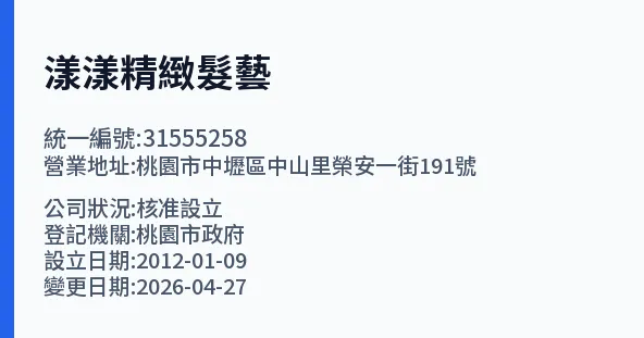 漾漾精緻髮藝的照片-統編 31555258(桃園市) 公司登記資料與營業項目詳細圖表