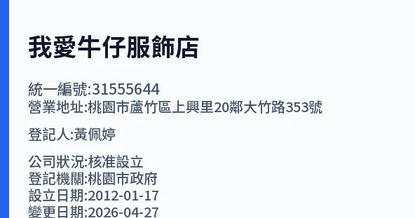 我愛牛仔服飾店的照片-統編 31555644(桃園市) 公司登記資料與營業項目詳細圖表