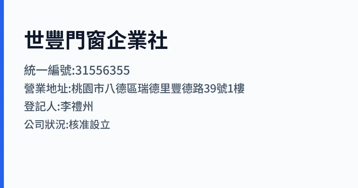 世豐門窗企業社 - 統編 31556355(桃園市) 公司登記資料與營業項目詳細圖表