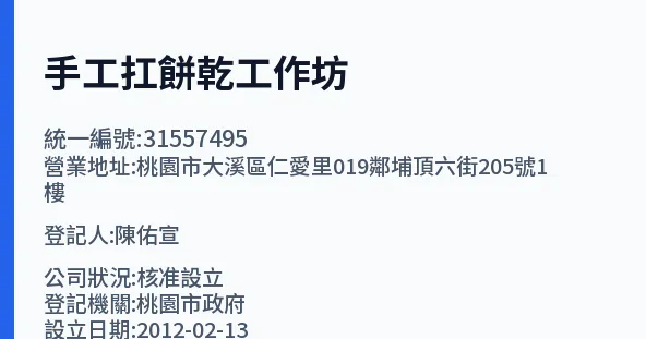 手工扛餅乾工作坊的照片-統編 31557495(桃園市) 公司登記資料與營業項目詳細圖表