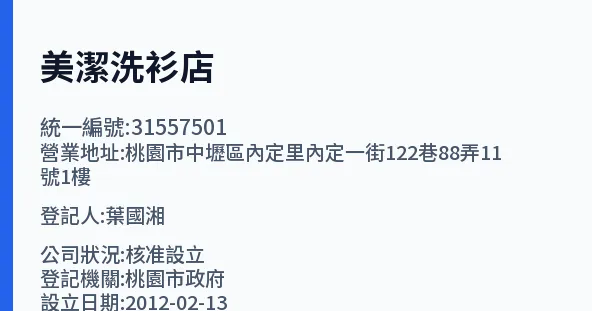 美潔洗衫店的照片-統編 31557501(桃園市) 公司登記資料與營業項目詳細圖表